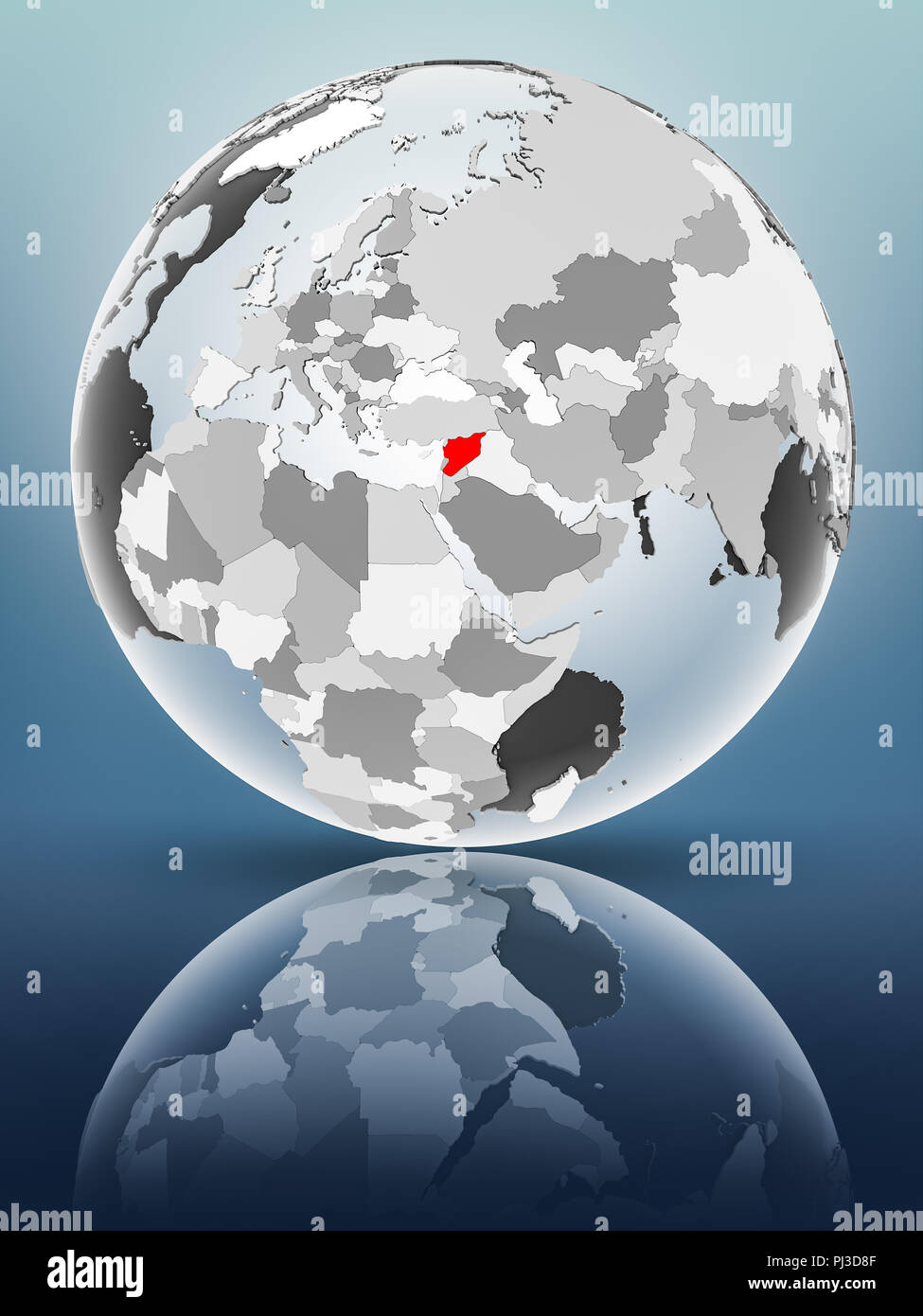 Syria on globe with translucent oceans on shiny surface. 3D ...