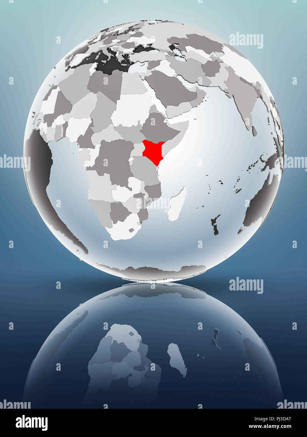 Kenya on globe with translucent oceans on shiny surface. 3D ...