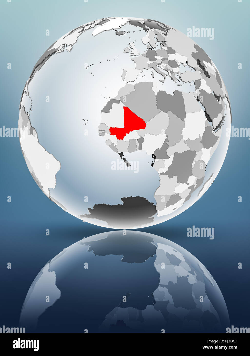 Mali on globe with translucent oceans on shiny surface. 3D illustration ...