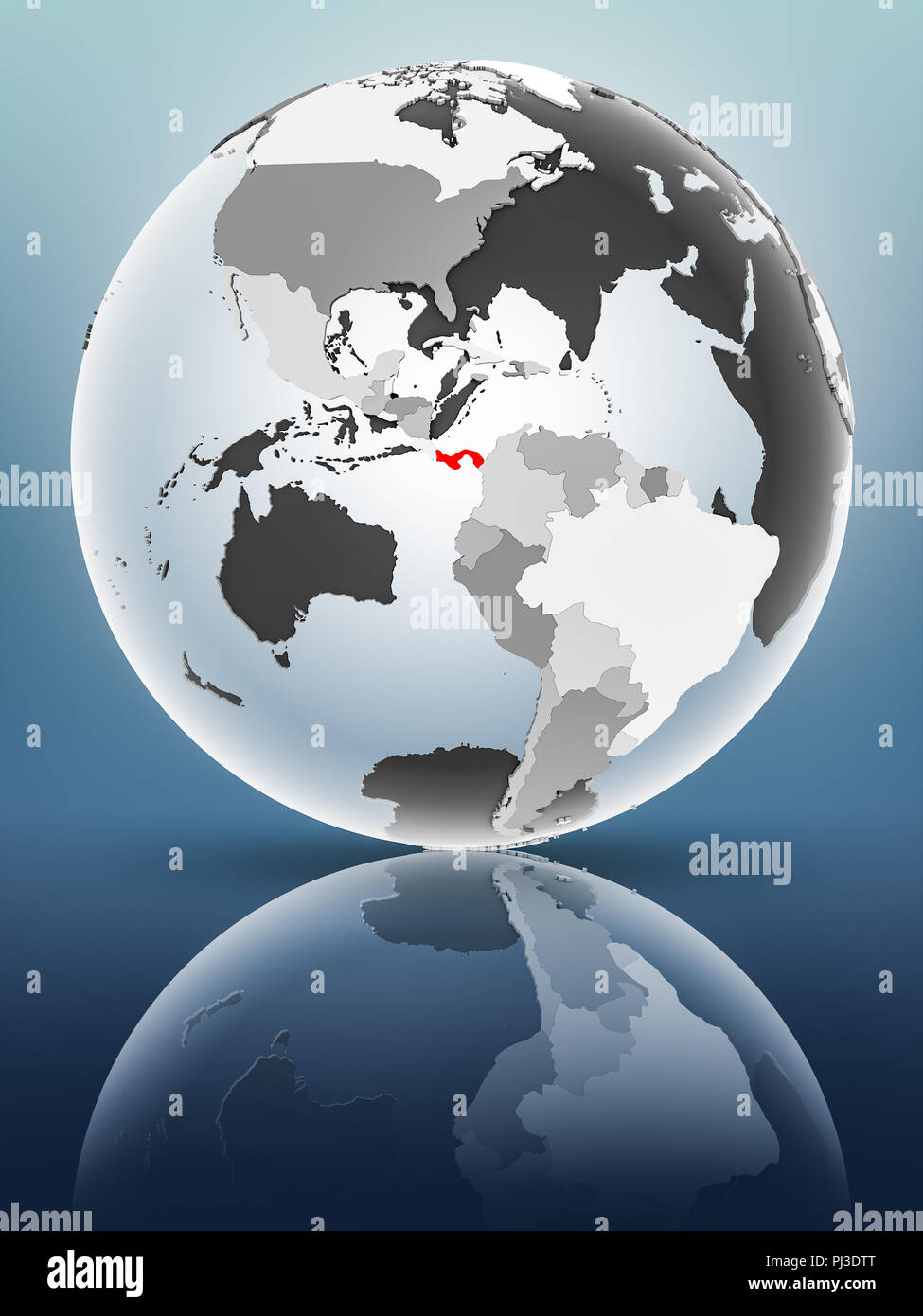 Panama on globe with translucent oceans on shiny surface. 3D ...