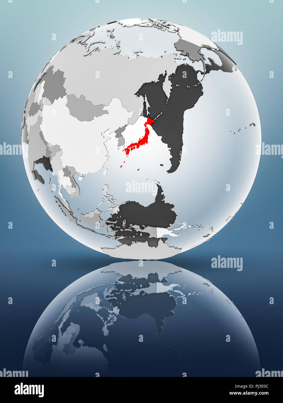 Japan on globe with translucent oceans on shiny surface. 3D ...