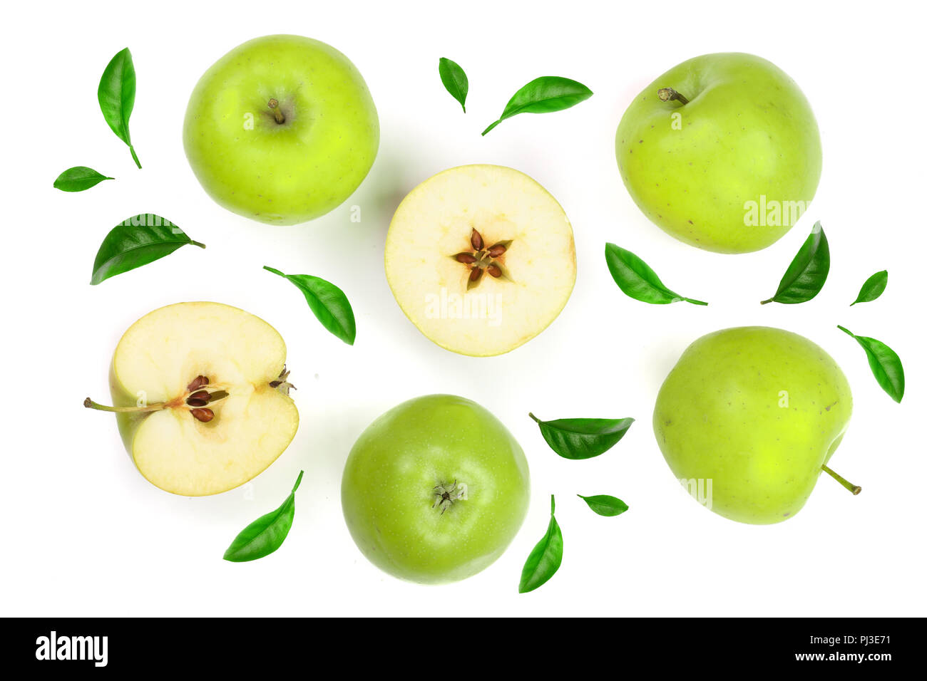 green apples decorated with leaves isolated on white background top ...