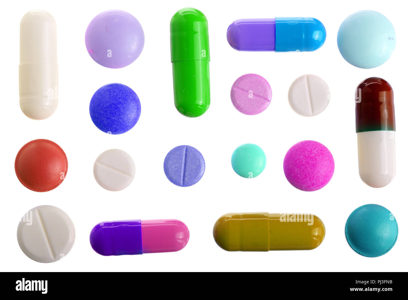 multicolor pill capsule isolated on white background. Top view. Flat ...