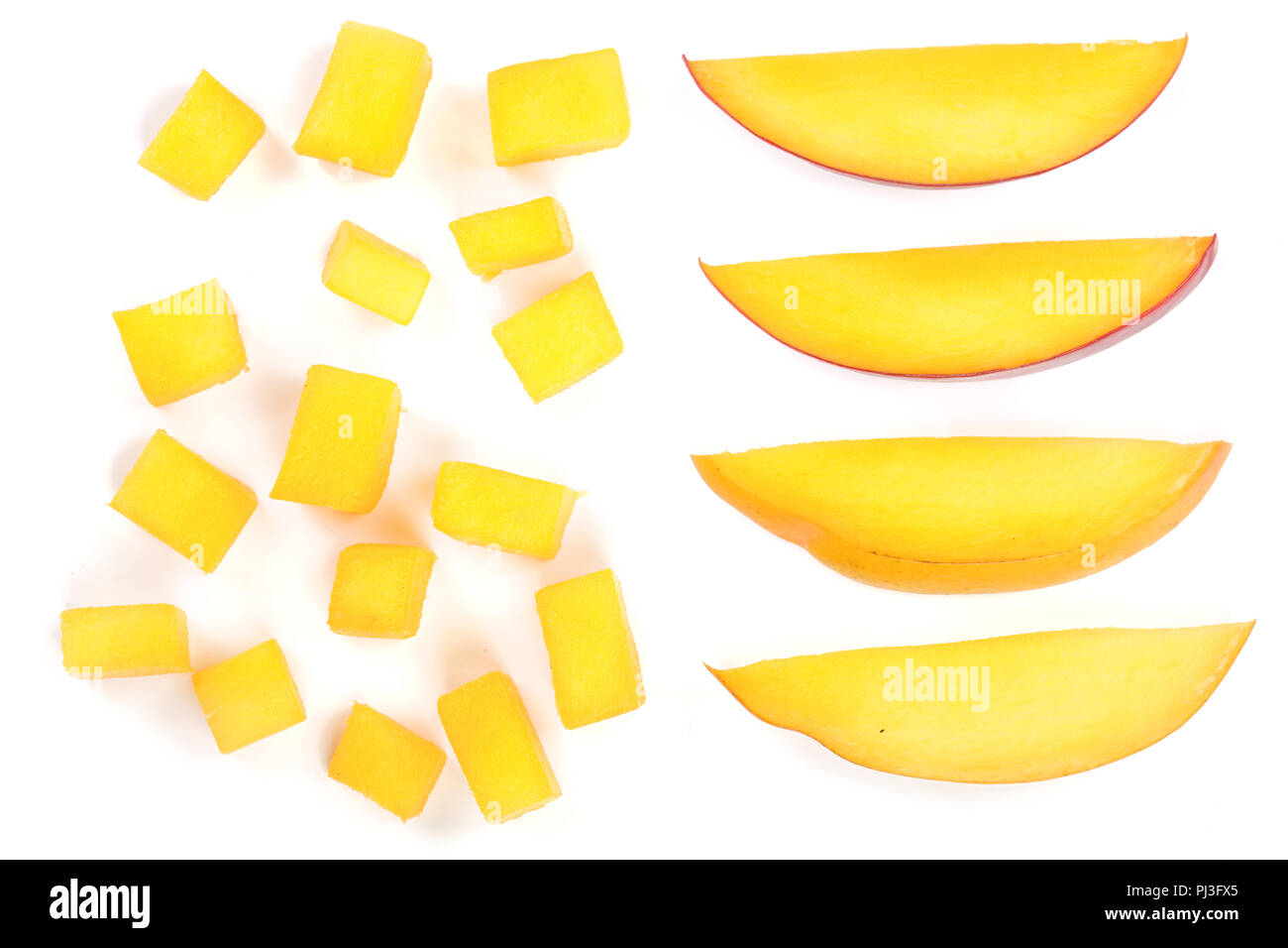 cube and slices of Mango fruit isolated on white background close-up ...
