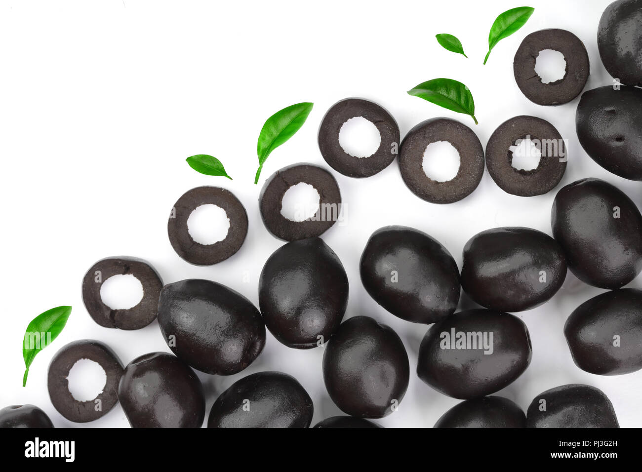 whole and sliced black olives isolated on white background with copy ...