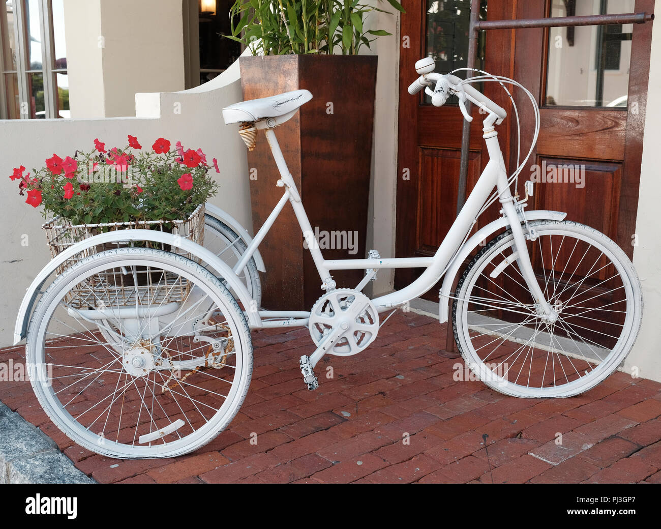White painted bicycle decorated with flowers hi-res stock photography ...