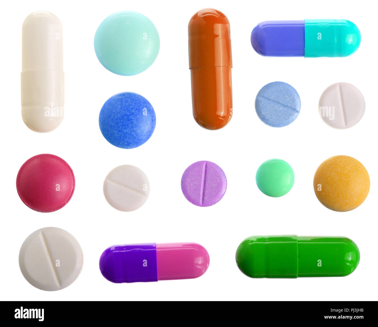 multicolor pill capsule isolated on white background. Top view. Flat ...