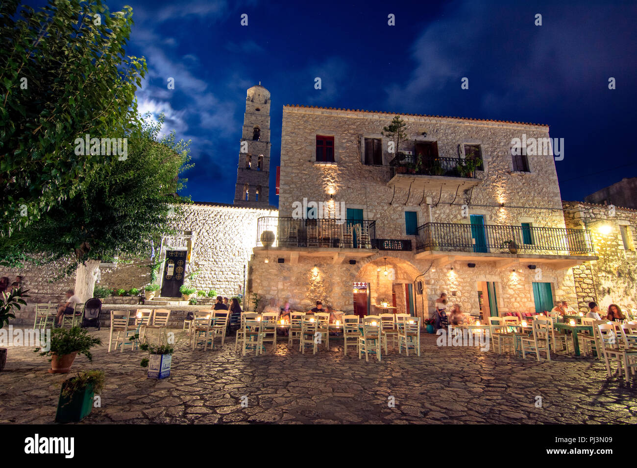 Night view of the traditional village of Areopoli in Mani region with ...