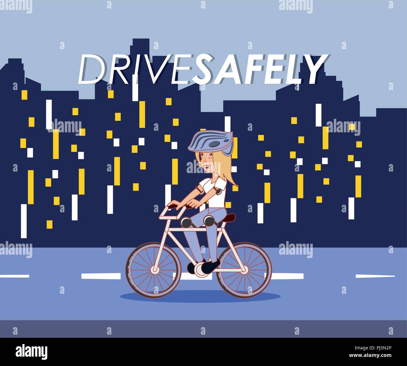 drive safely design with woman riding bike over city night landscape ...