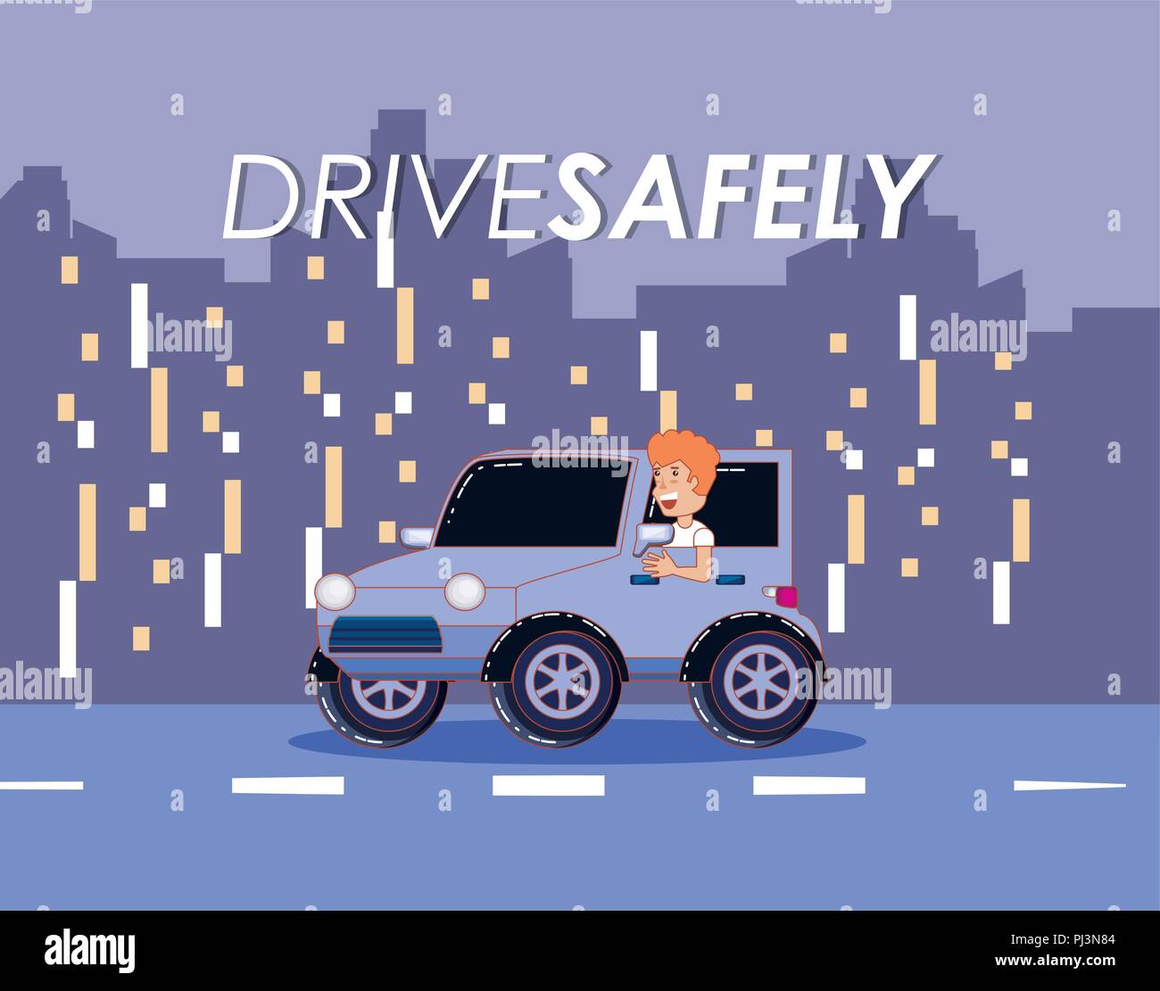 drive safely design with man in a car over city buildings background ...
