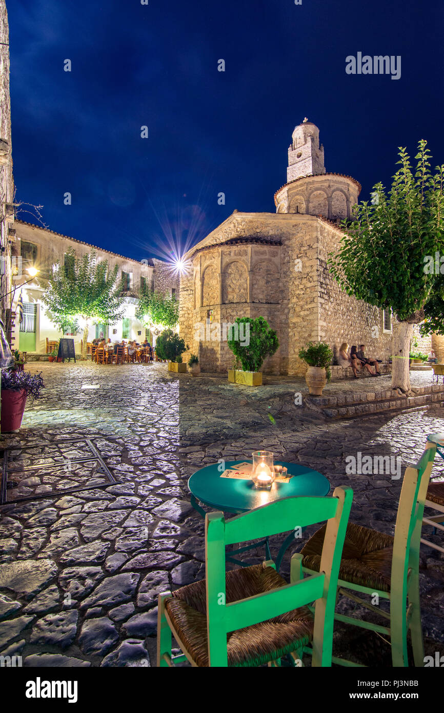 Night view of the traditional village of Areopoli in Mani region with ...