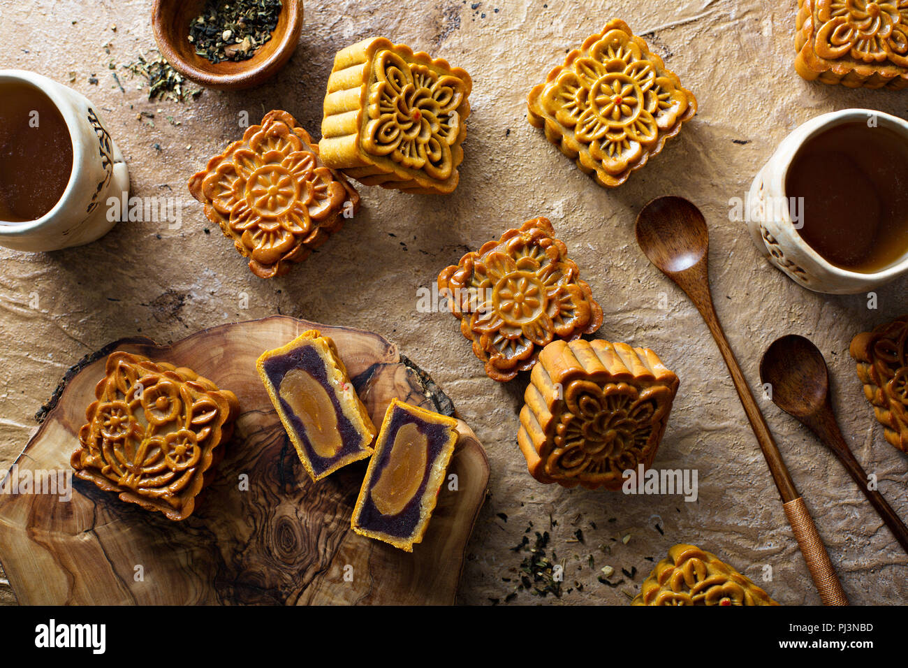 Traditional Chinese mooncakes for mid autumn festival with egg yolk ...