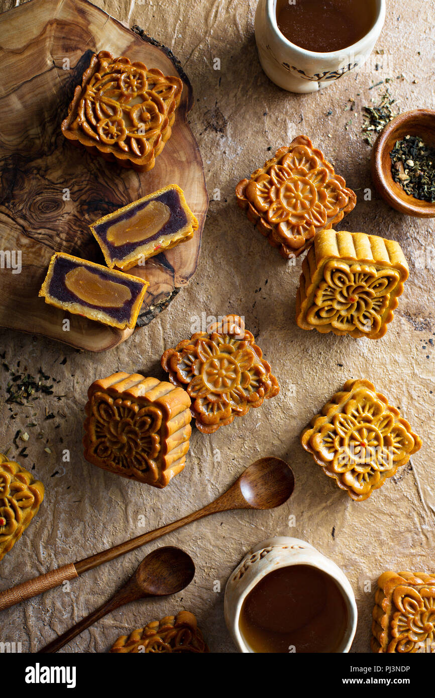 Traditional Chinese mooncakes for mid autumn festival with egg yolk ...