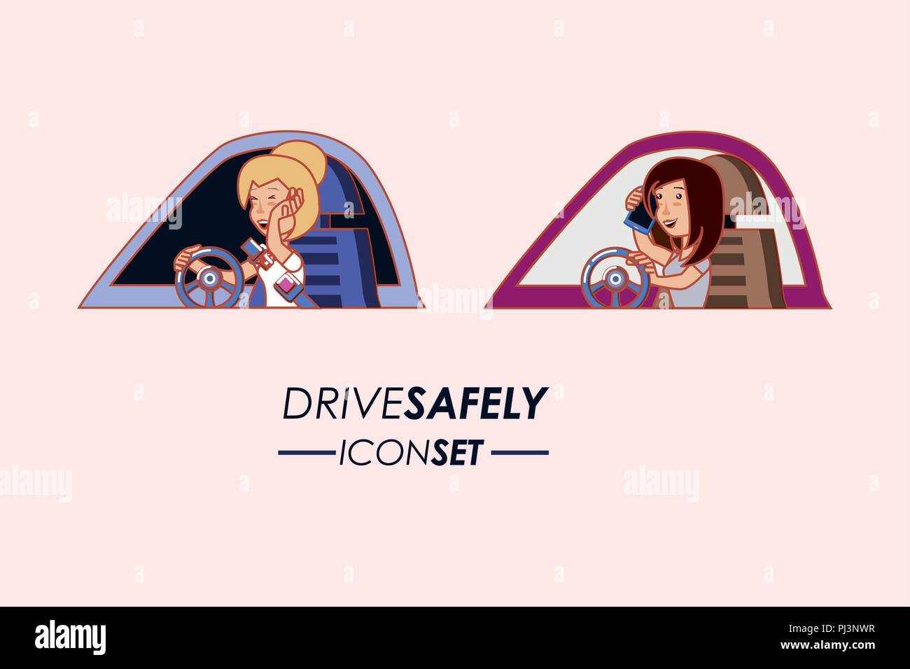 icon set of drive safely design with women driving over pink background ...