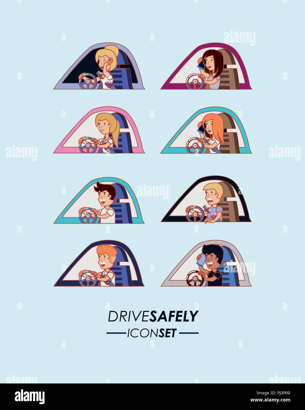 icon set of drive safely design with people driving over blue ...
