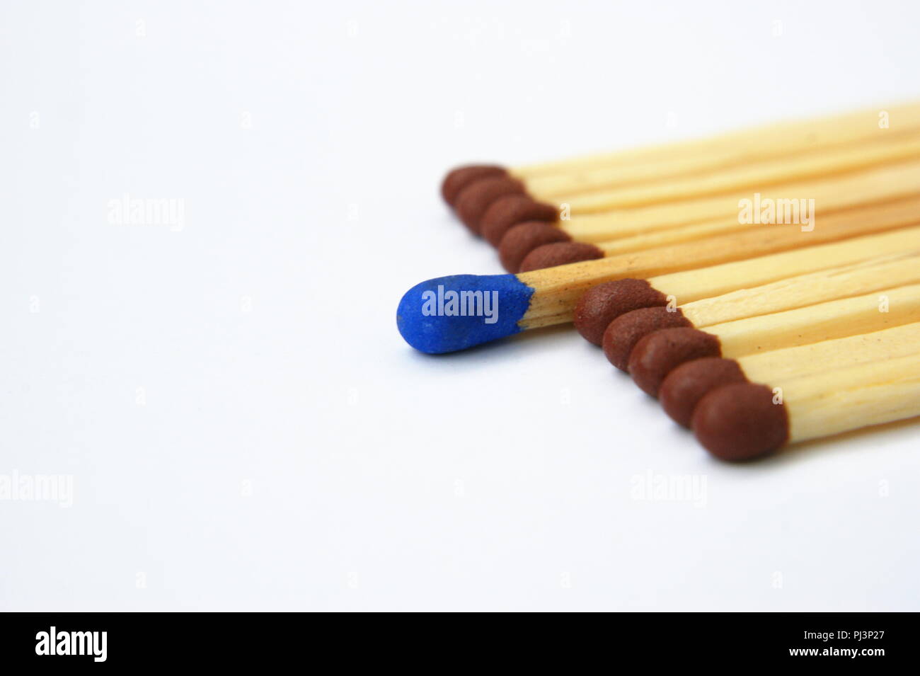 Brown matches with one blue match in the middle on white background ...