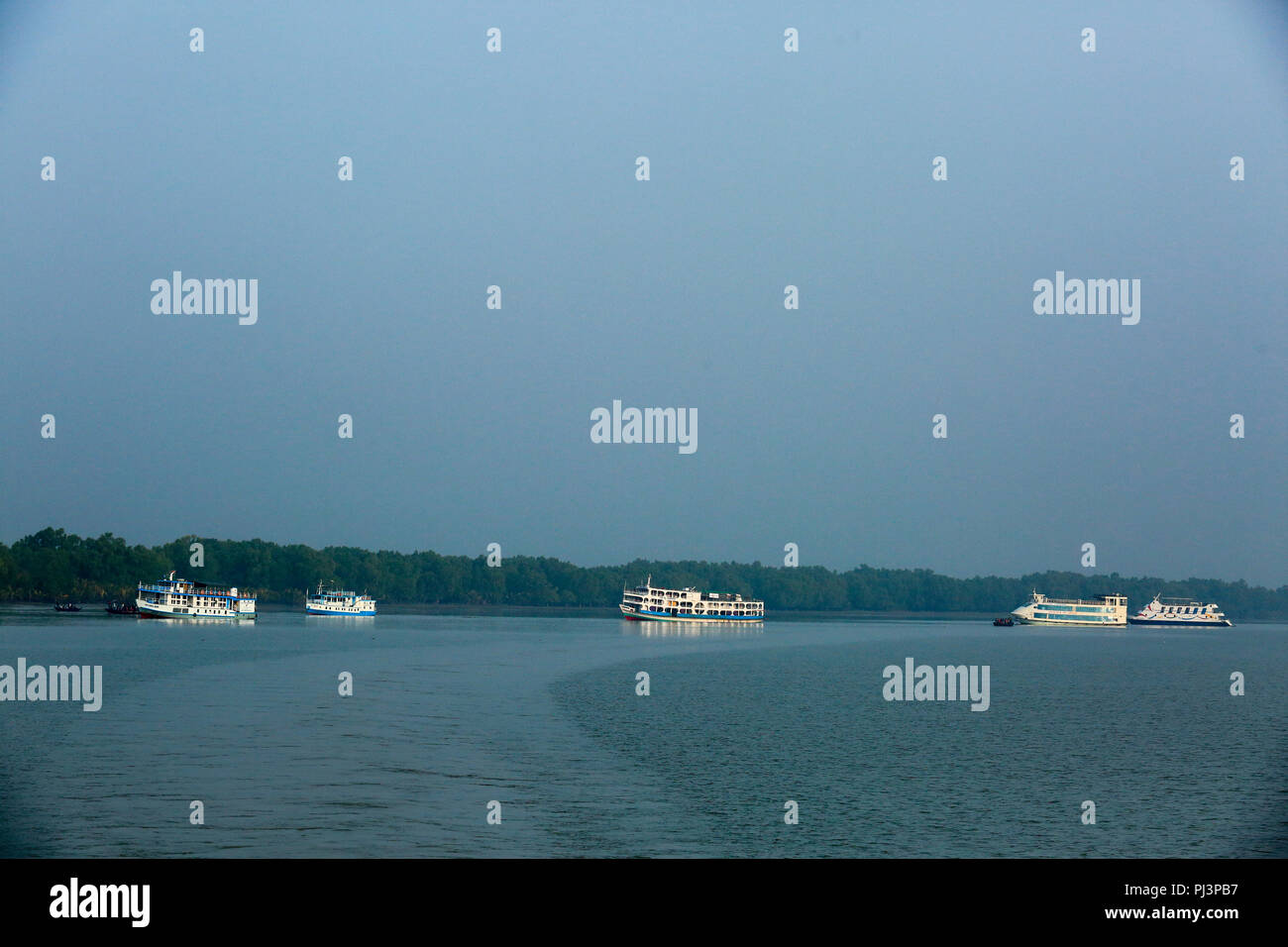Tourist vessels anchored near the Kotka forest office in the Sundarbans ...