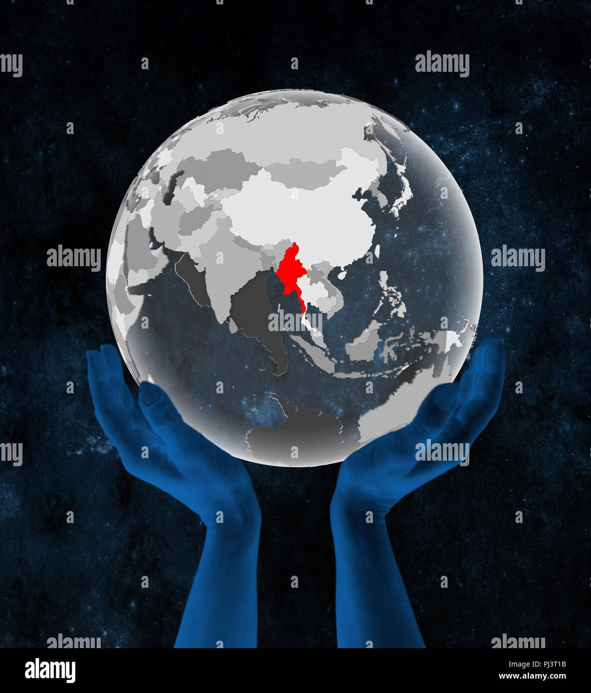 Myanmar on translucent globe in hands in space. 3D illustration Stock ...