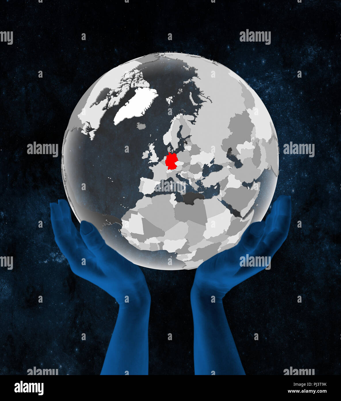 Germany on translucent globe in hands in space. 3D illustration Stock ...