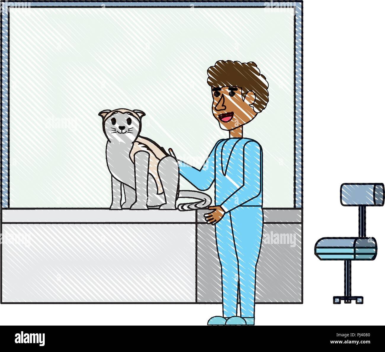 cartoon vet examining a cat over white background, vector illustration ...