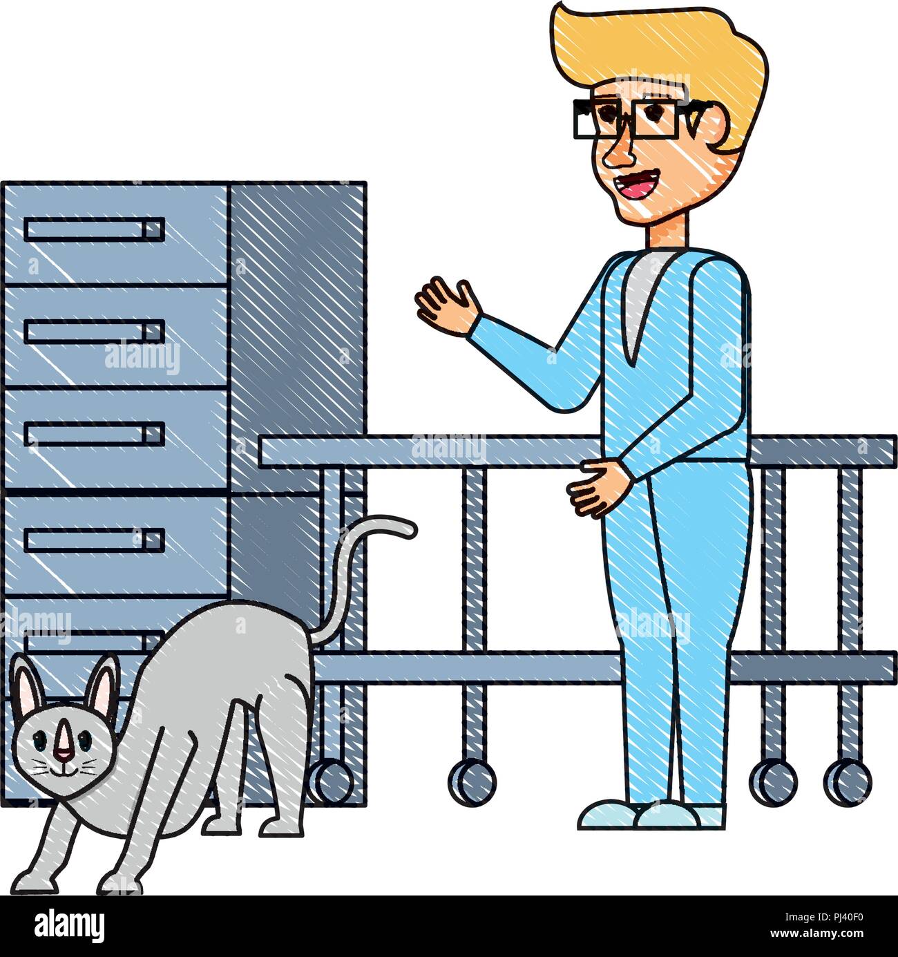 vet doctor examining a cute cat over white background, vector ...