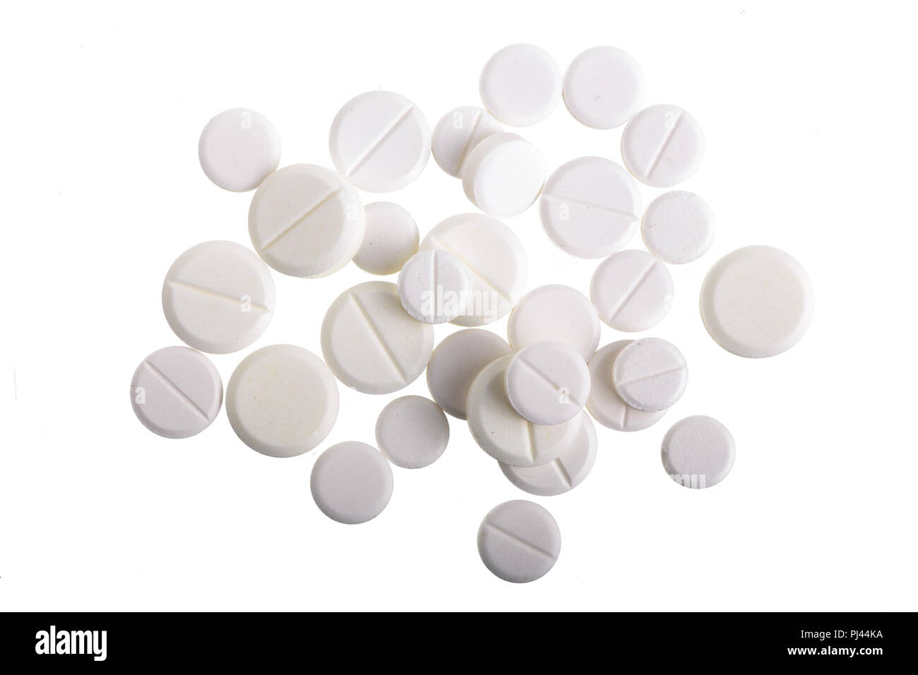 white pill capsule isolated on white background. Top view. Flat lay ...