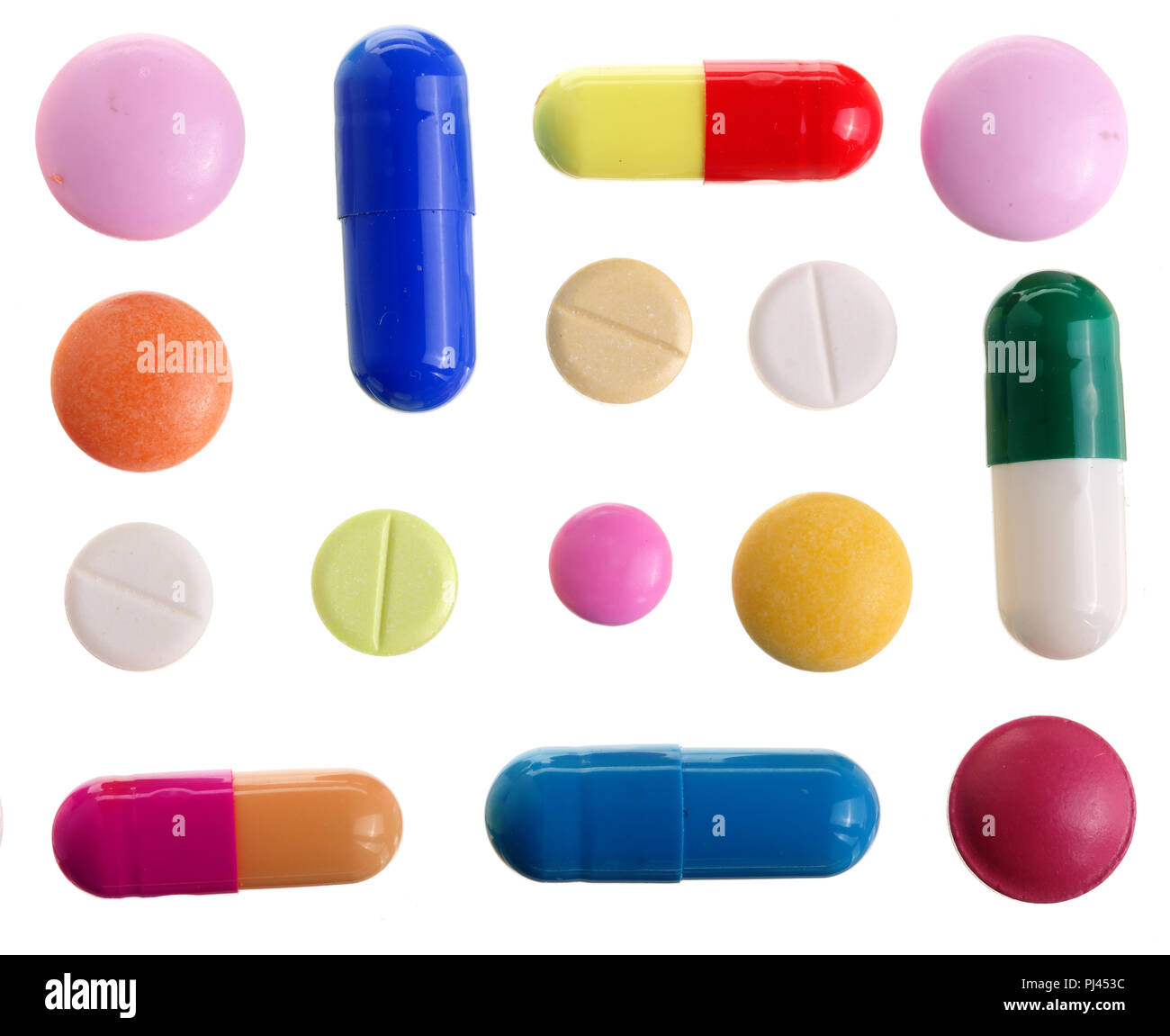 multicolor pill capsule isolated on white background. Top view. Flat ...