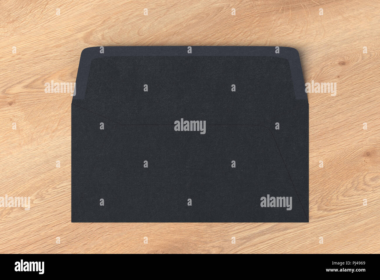 Black blank open envelope on wooden background. 3d render Stock Photo ...