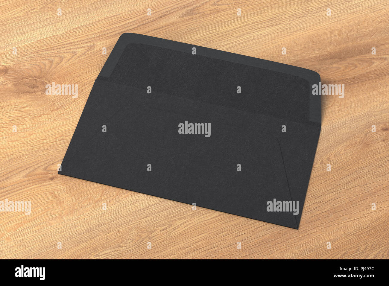 Black blank open envelope on wooden background. 3d render Stock Photo ...