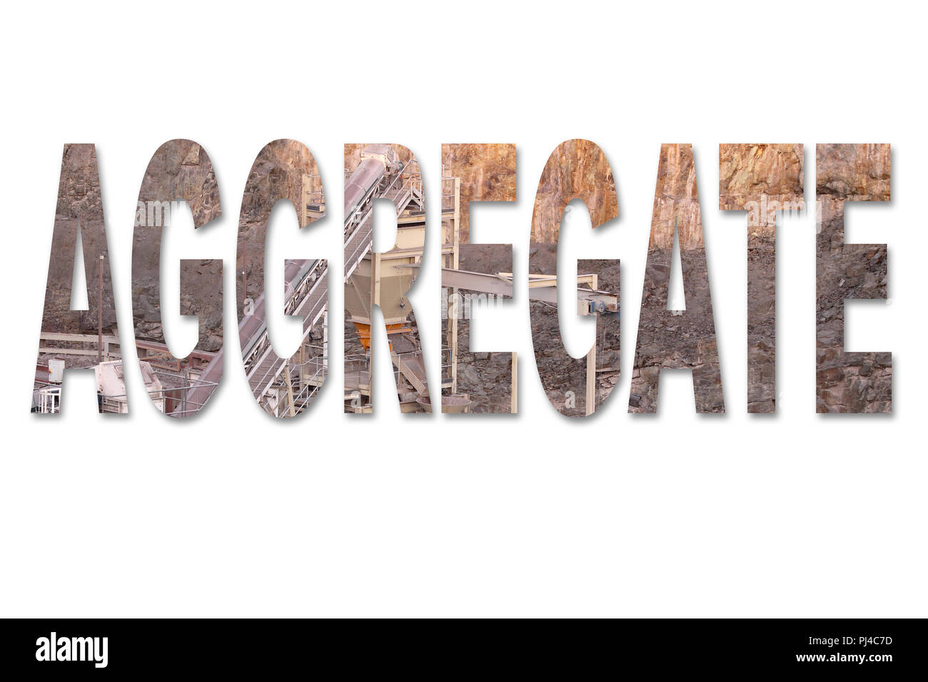The word aggregate with an image of a stone quarry mine inside the word ...