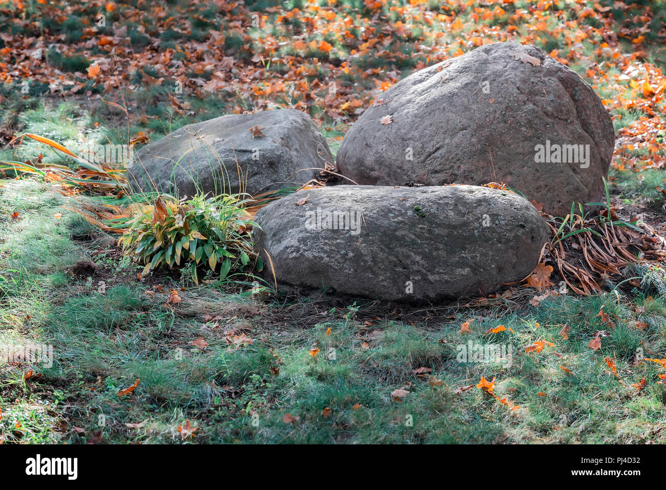 As a decoration, in the Park on the meadow are three large boulders ...