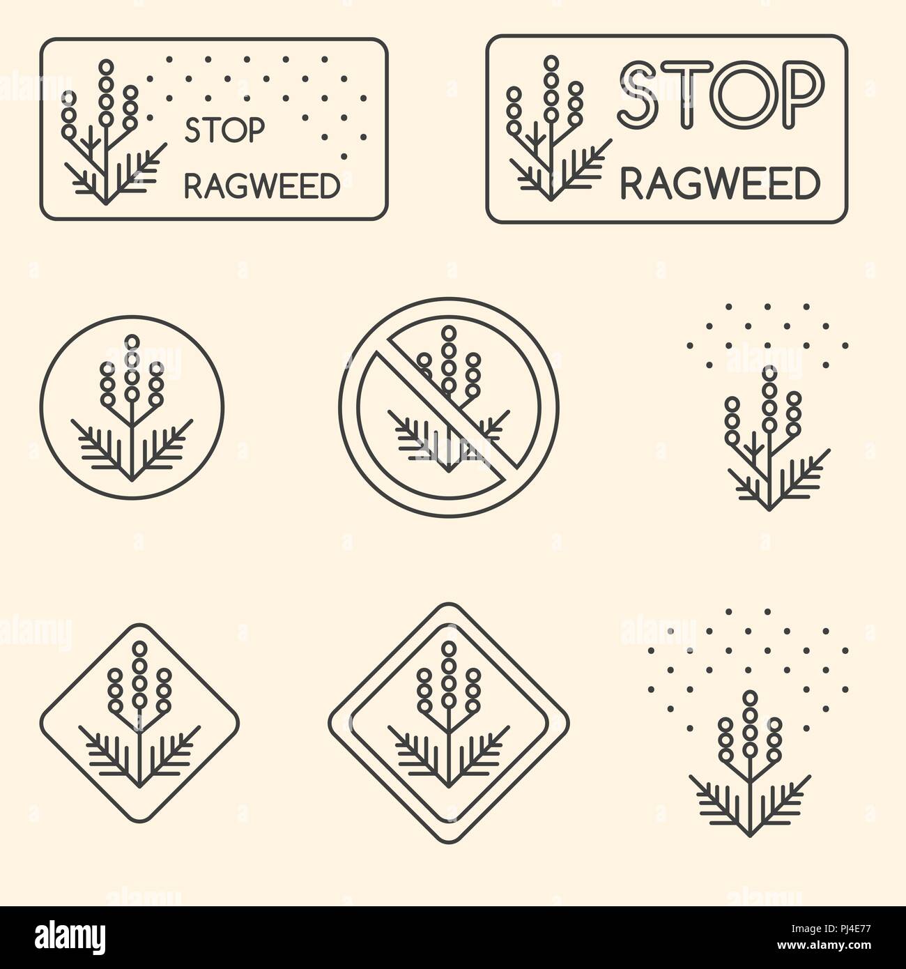 Set of minimalist linear signs about ragweed, dangerous weed, allergy ...