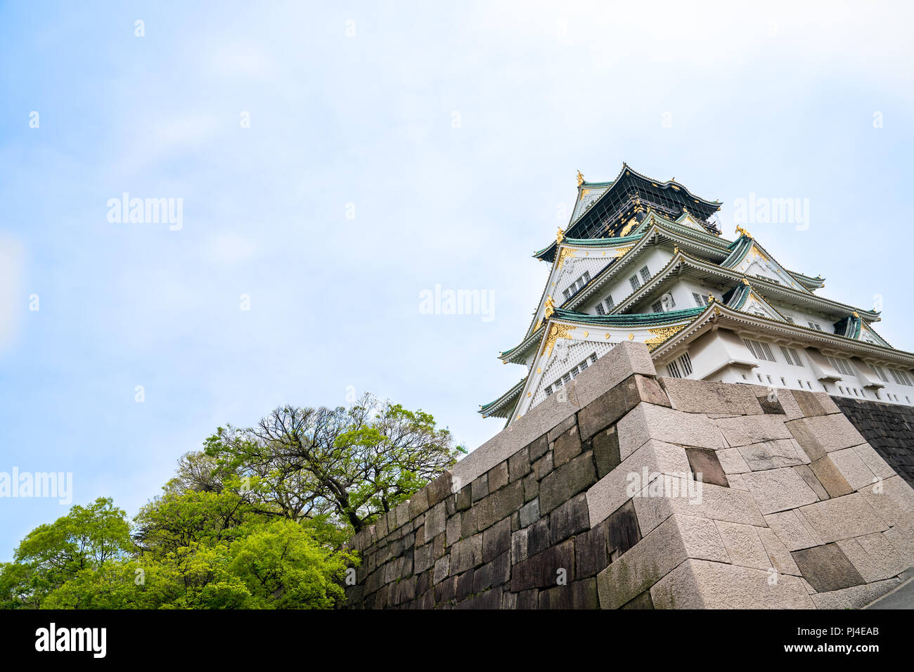 the amazing upward view of osaka castle with trees and blue sky in ...