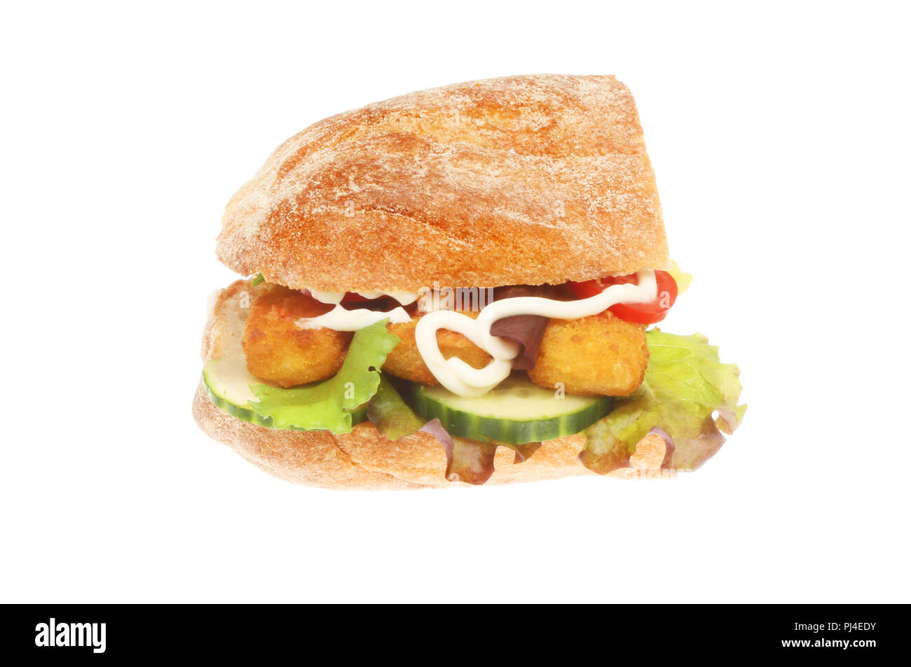Fish fingers and salad in a ciabatta roll isolated against white Stock ...