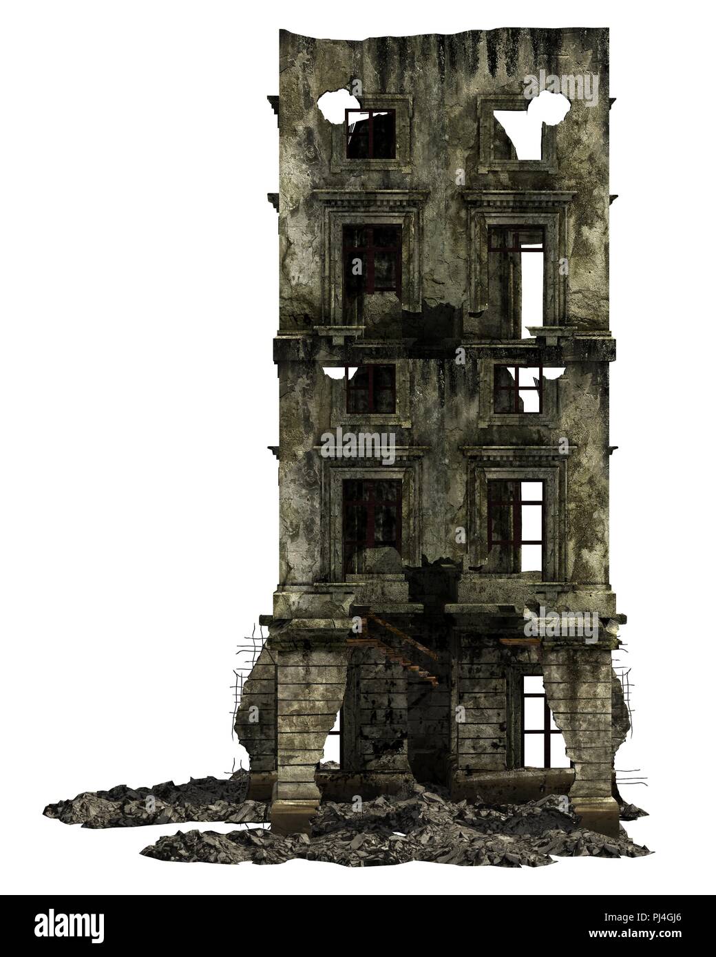 Ruined Building Isolated On White 3D Illustration Stock Photo - Alamy