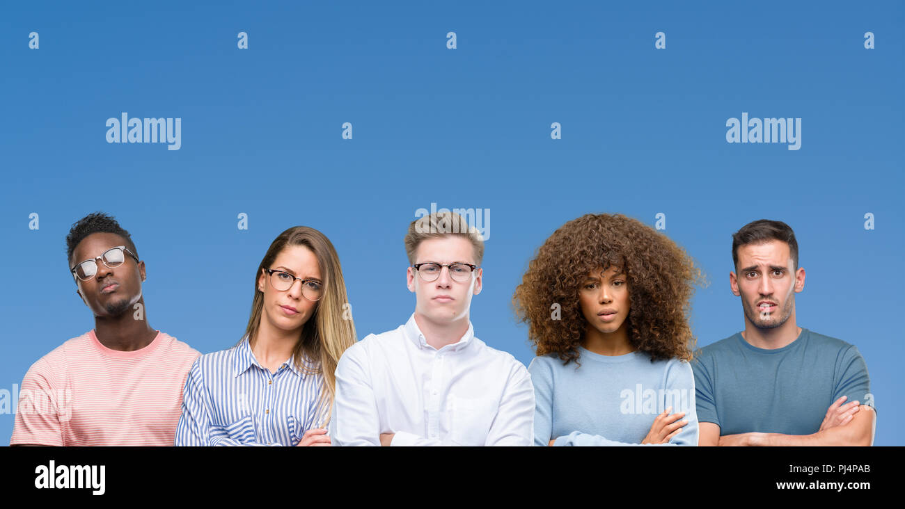 Composition of group of friends over blue blackground skeptic and ...