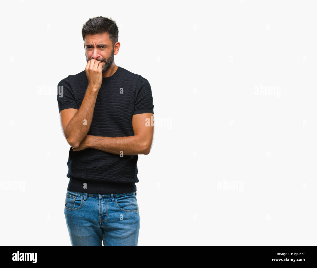 Adult hispanic man over isolated background looking stressed and ...