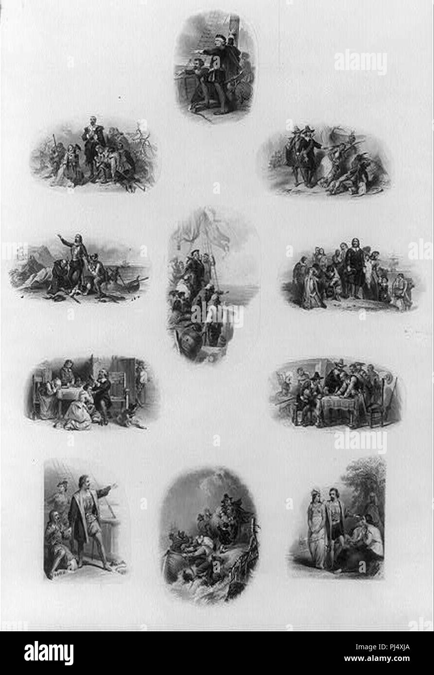 Bank note vignettes showing pilgrims, Christopher Columbus, and ...