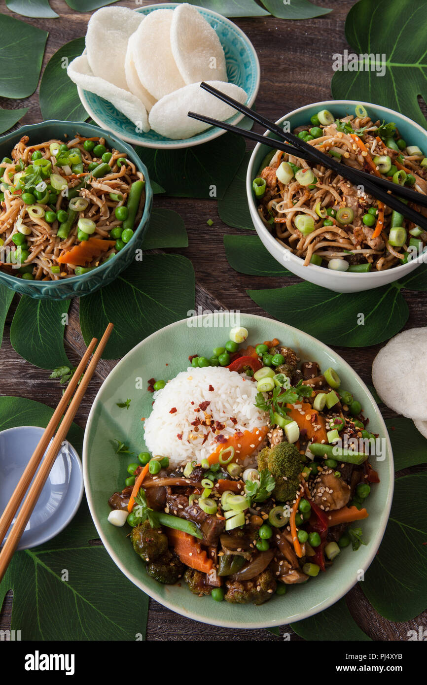 Chinese food with beef, rice and veggies Stock Photo - Alamy