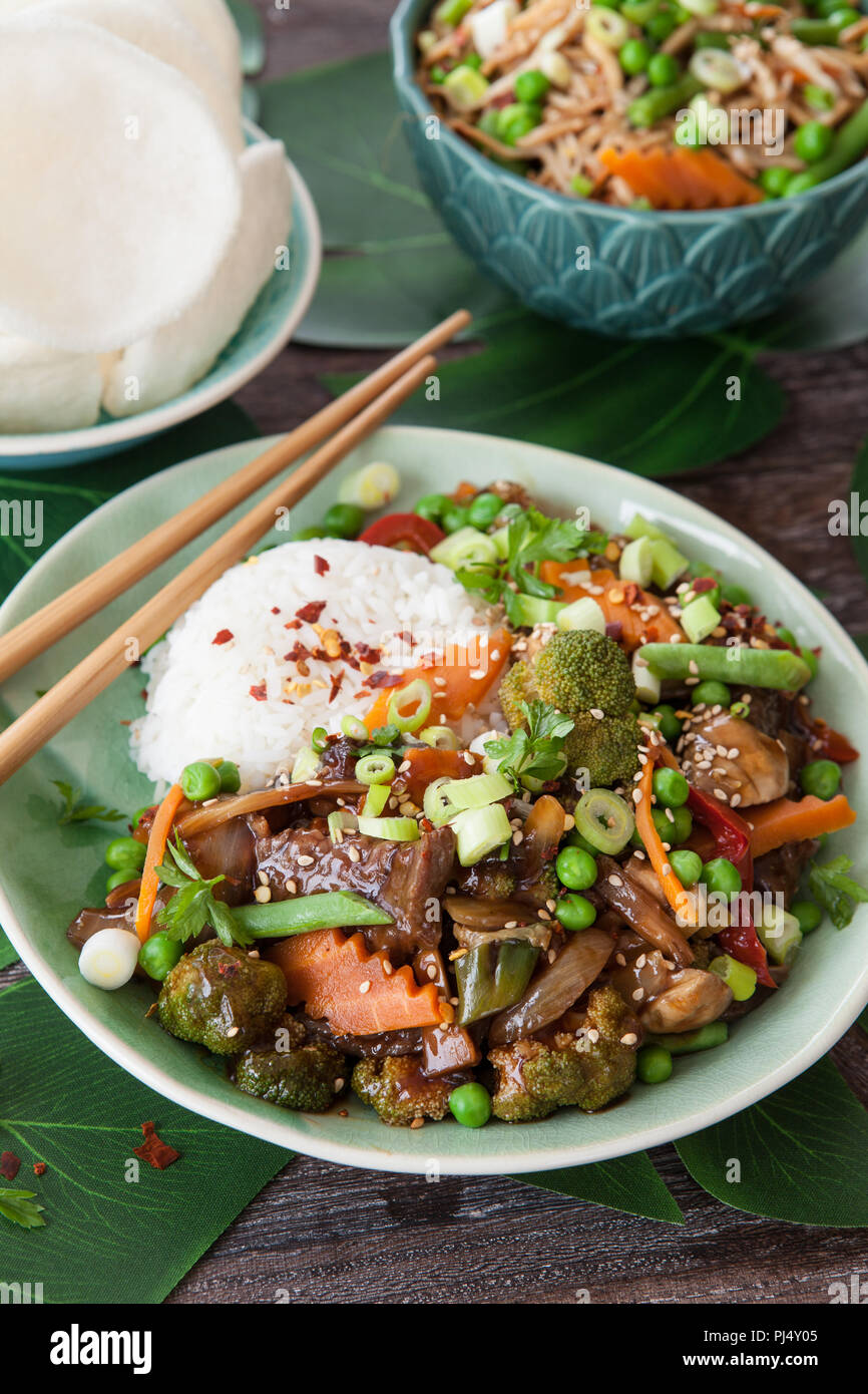 Chinese food with beef, rice and veggies Stock Photo - Alamy