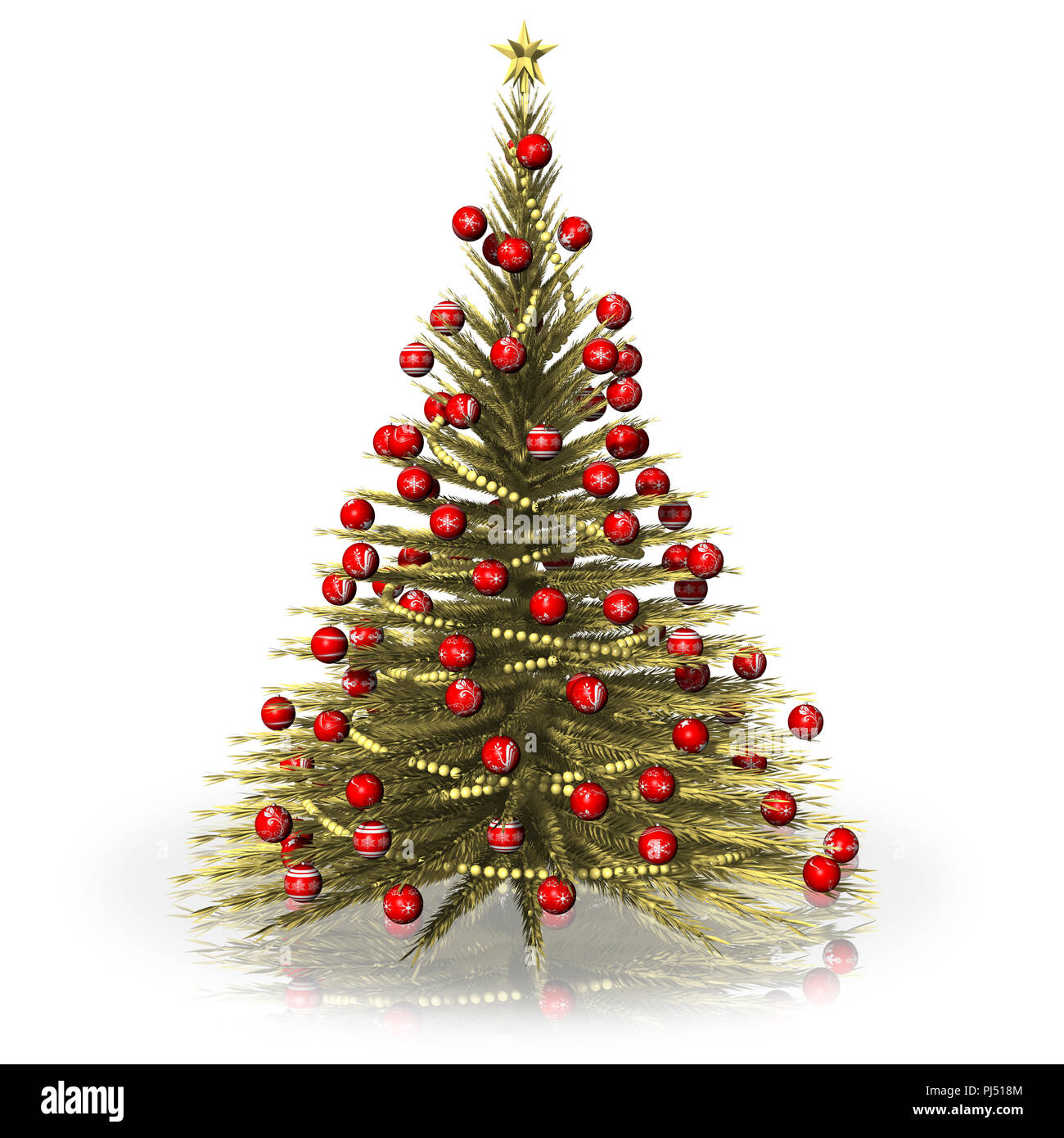 3D illustration. Christmas. Golden fir tree decorated in red, isolated ...