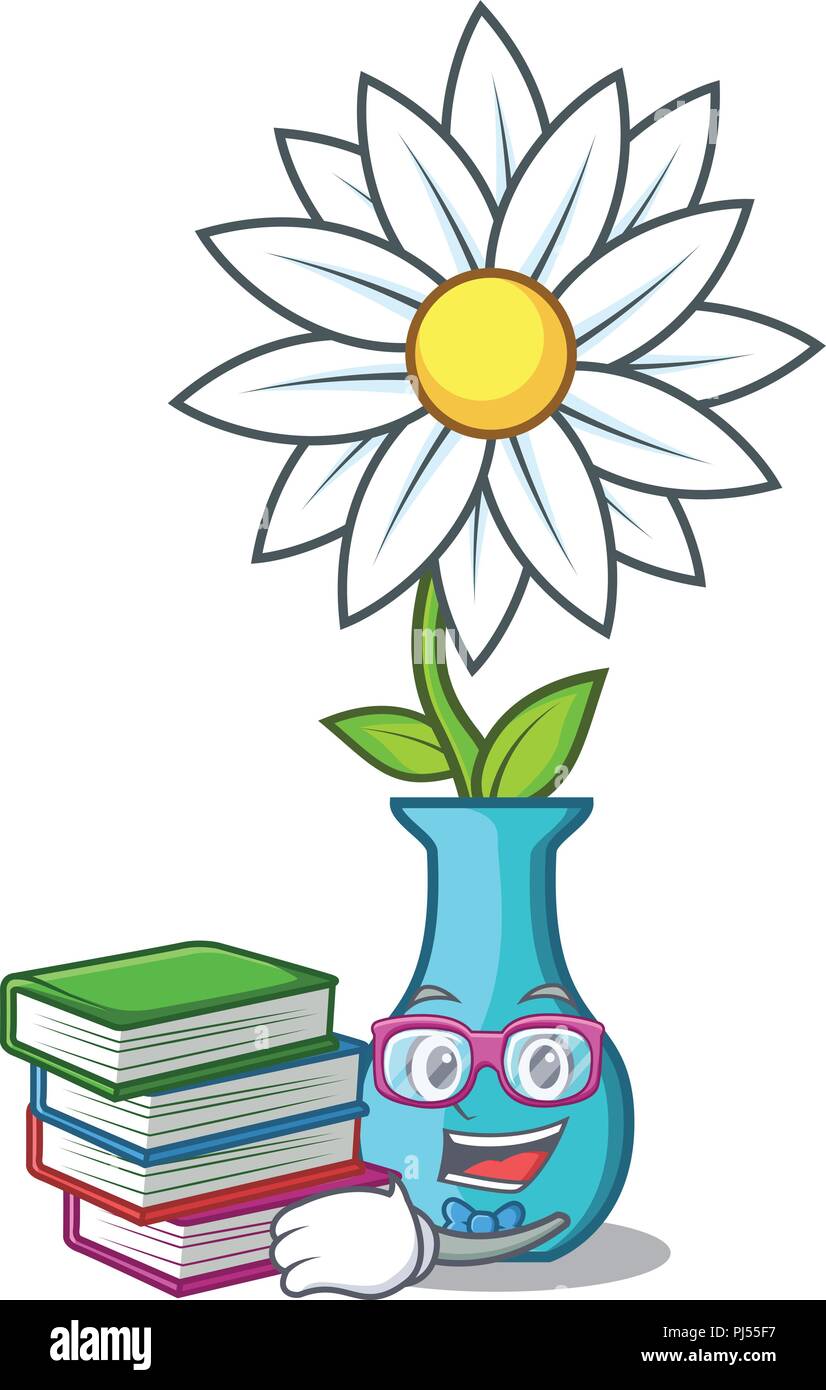 Student with book mascot beautiful flower in vase cartoon Stock Vector ...