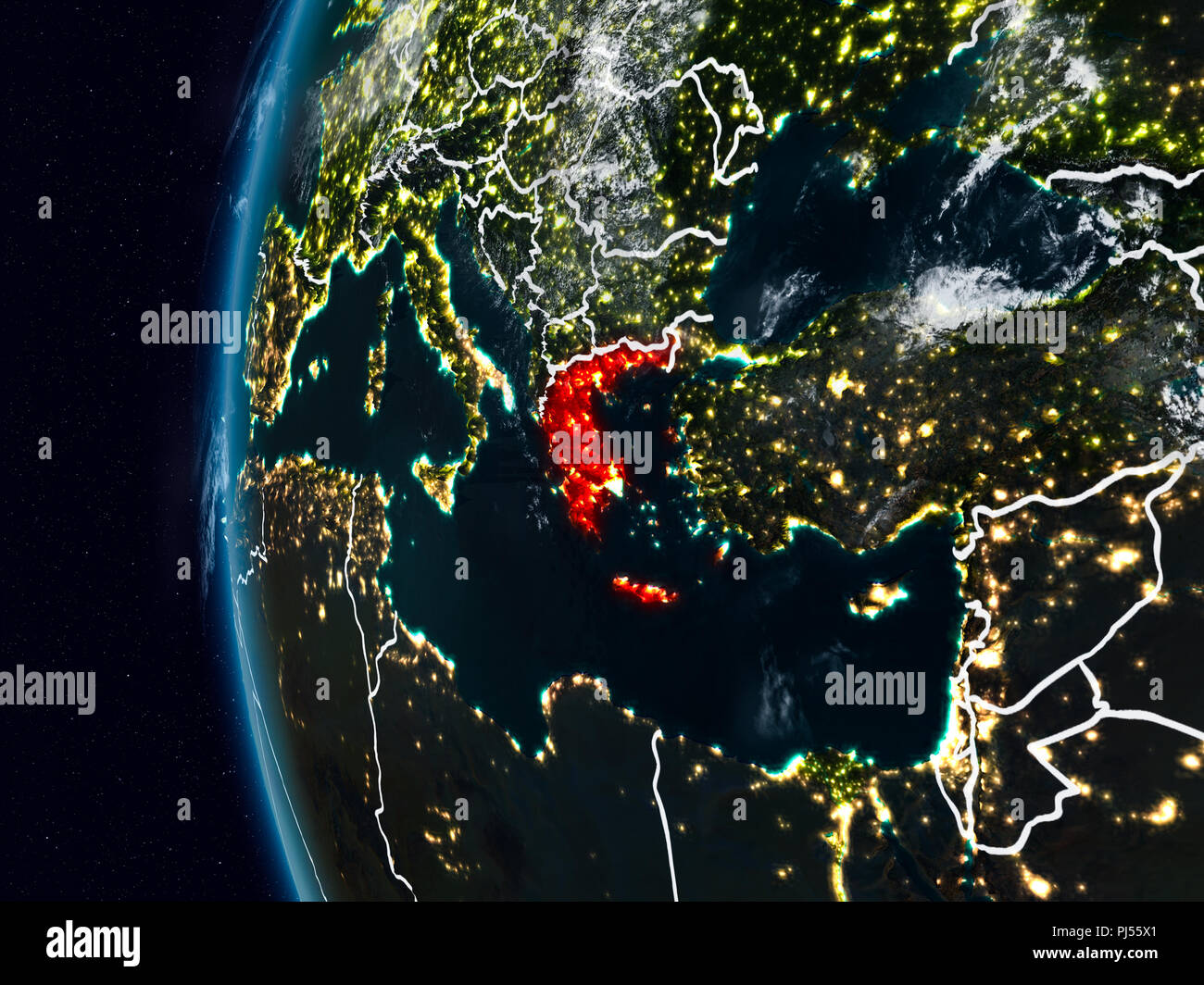 Greece at night with visible country borders. 3D illustration. Elements ...