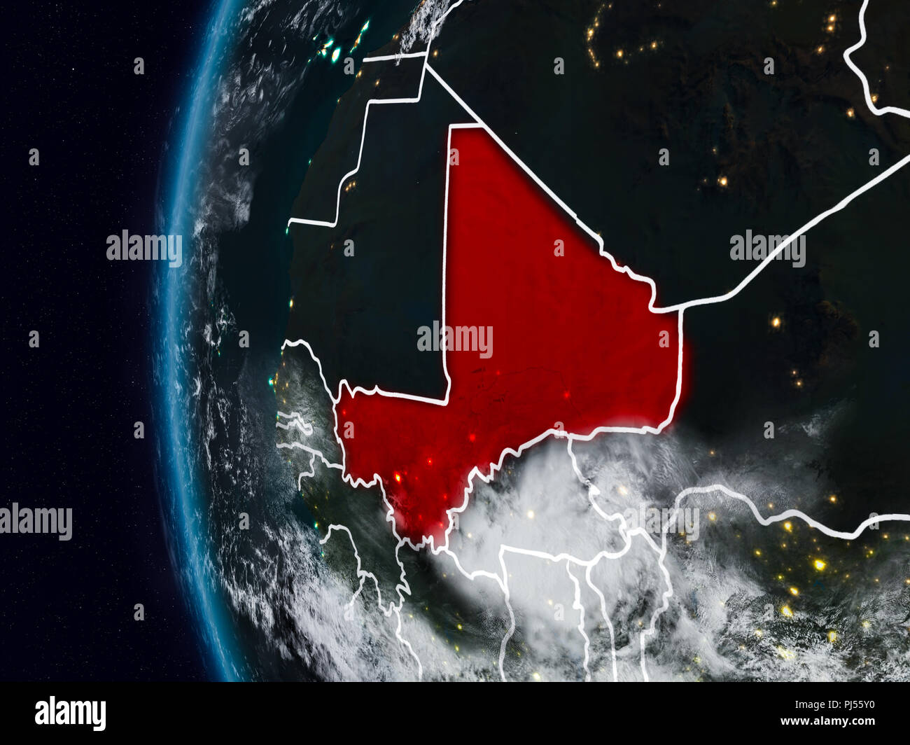 Mali at night with visible country borders. 3D illustration. Elements ...