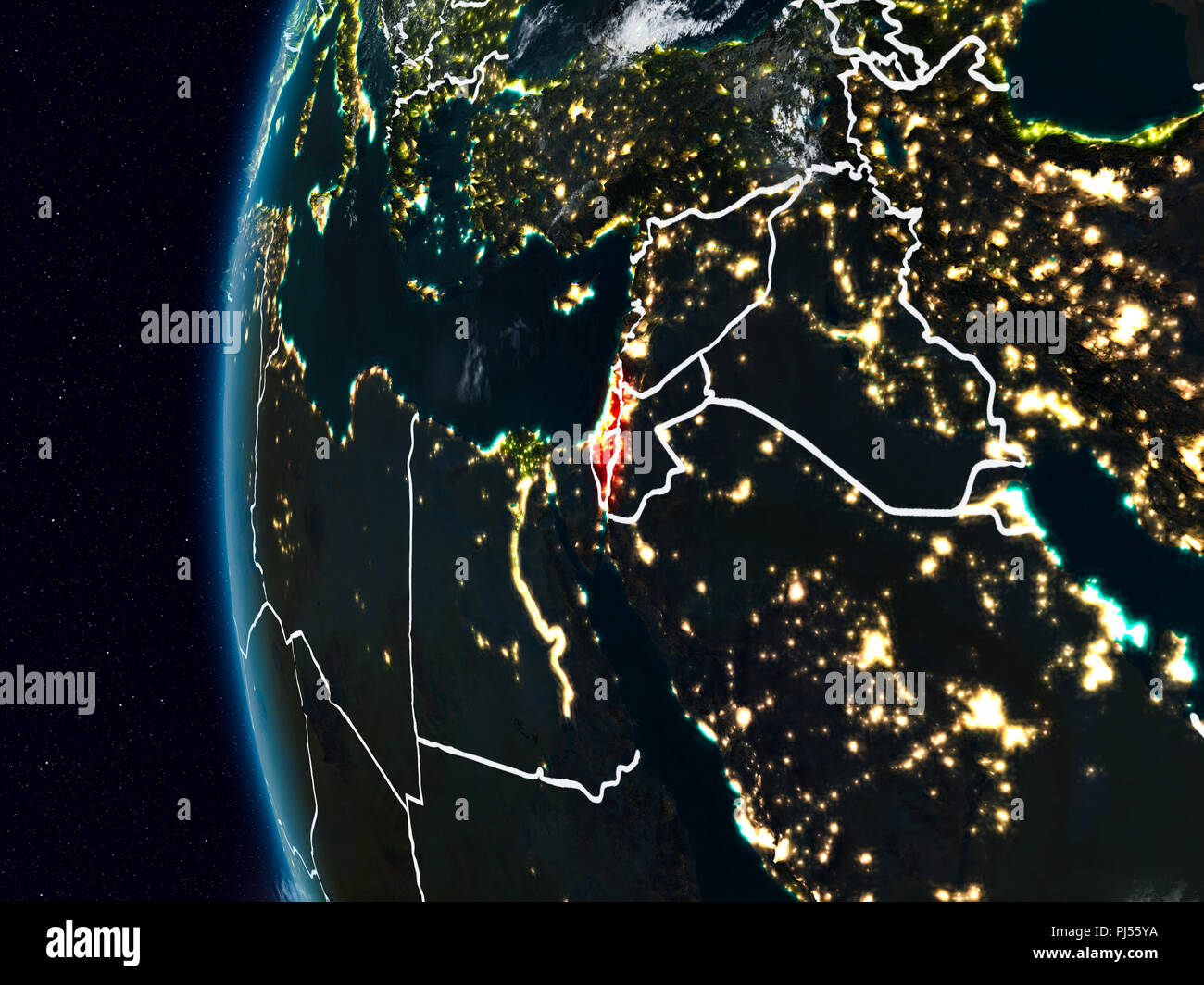 Israel at night with visible country borders. 3D illustration. Elements ...