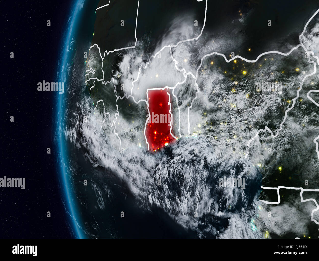 Ghana at night with visible country borders. 3D illustration. Elements ...
