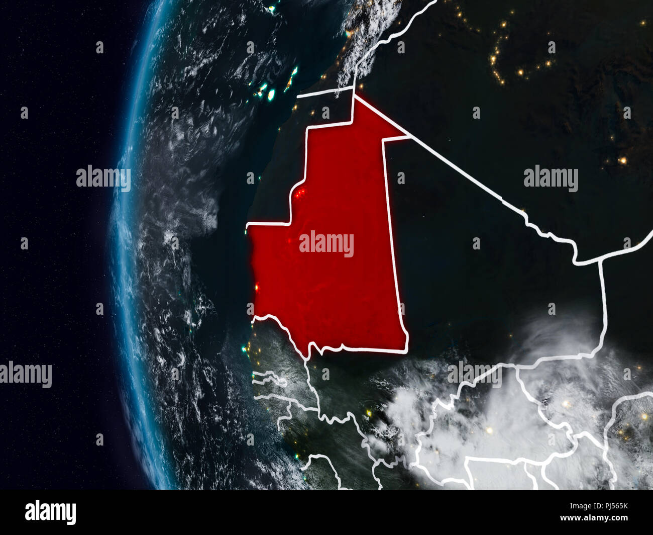 Mauritania at night with visible country borders. 3D illustration ...