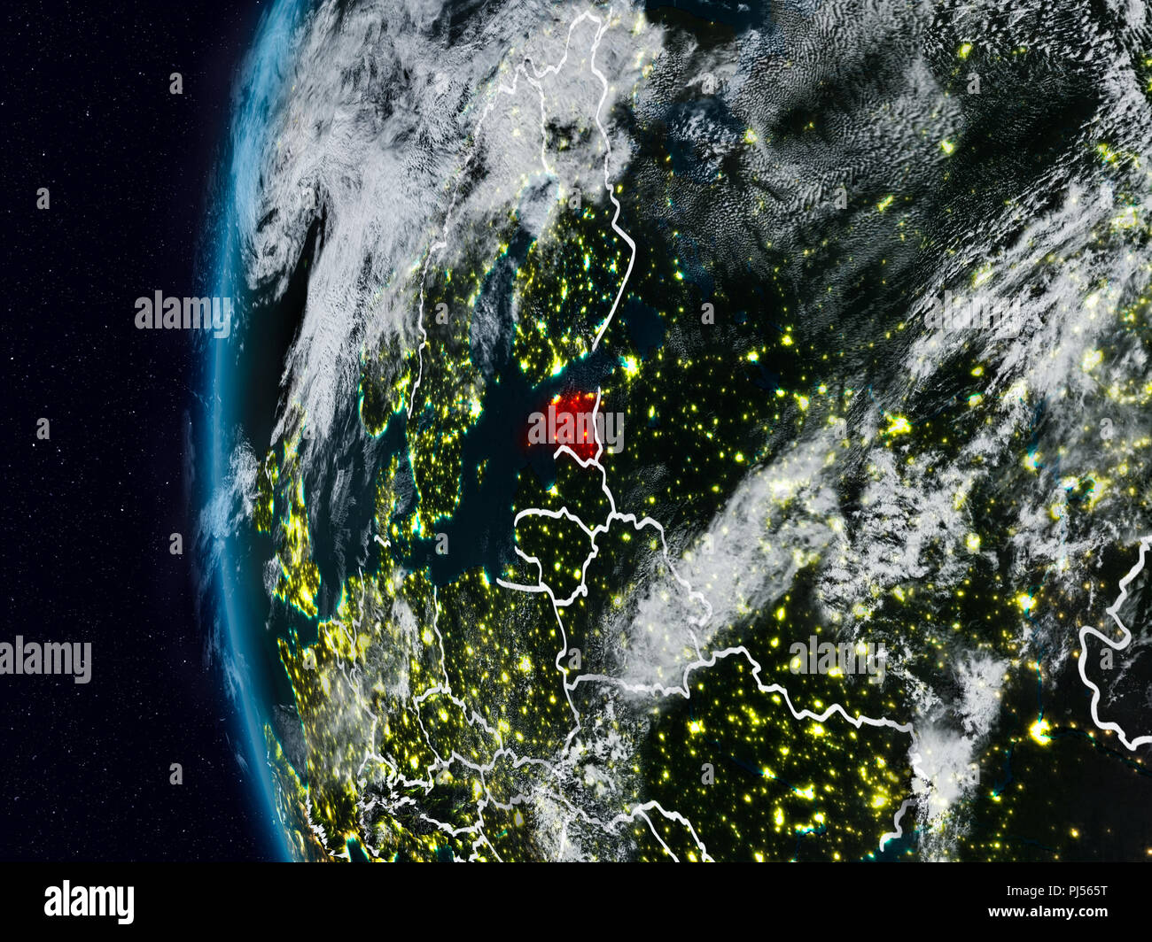 Estonia at night with visible country borders. 3D illustration ...