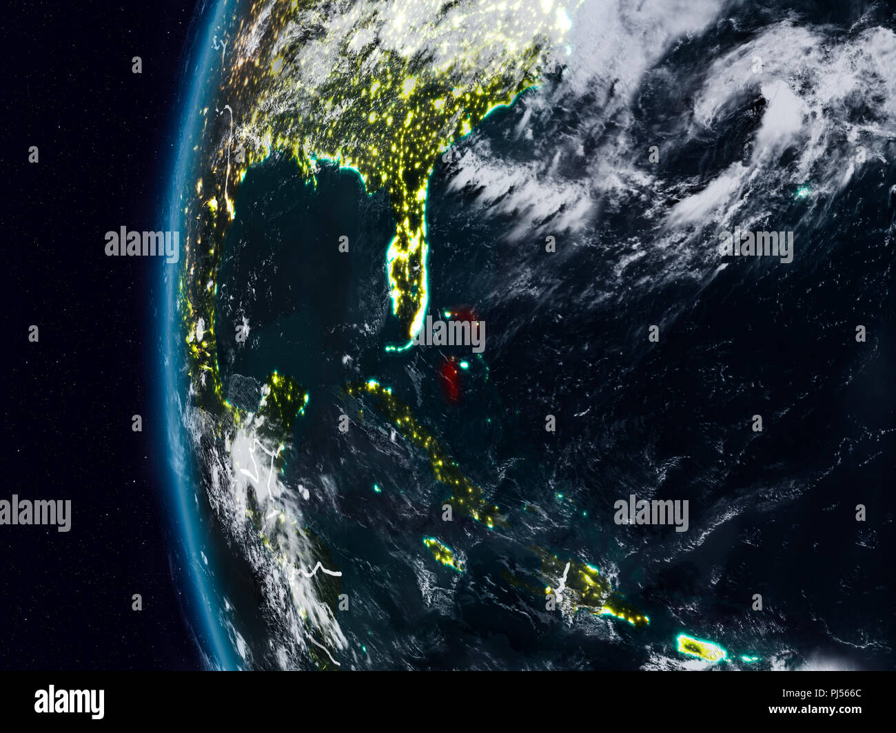 Bahamas at night with visible country borders. 3D illustration ...