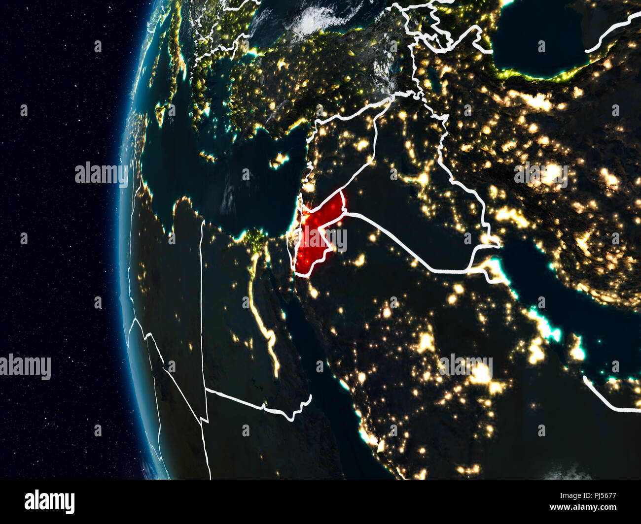 Jordan at night with visible country borders. 3D illustration. Elements ...